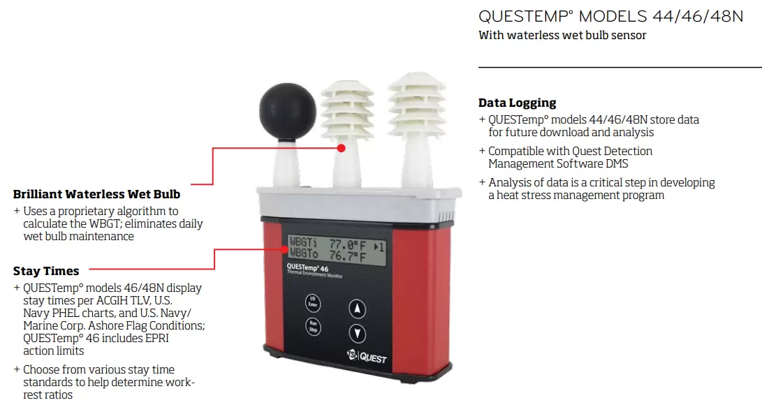 TSI Quest QUESTemp 44/46/48N Waterless Wet Bulb Area Heat Stress Monitors